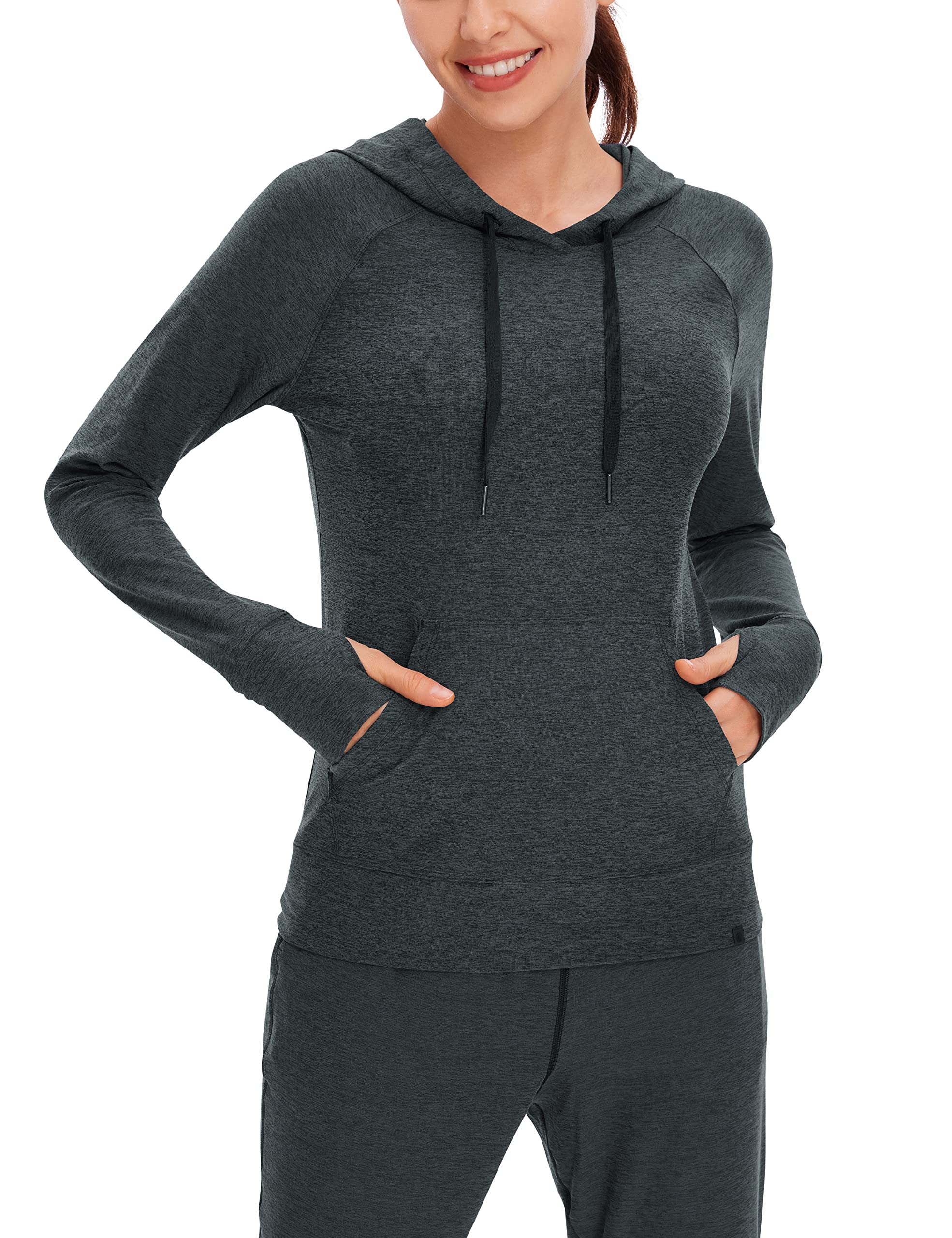 CRZ YOGA Women's Hoodie Long Sleeve Shirts Running Workout Top Pullover Sweatshirts with Pocket Black Heather Medium