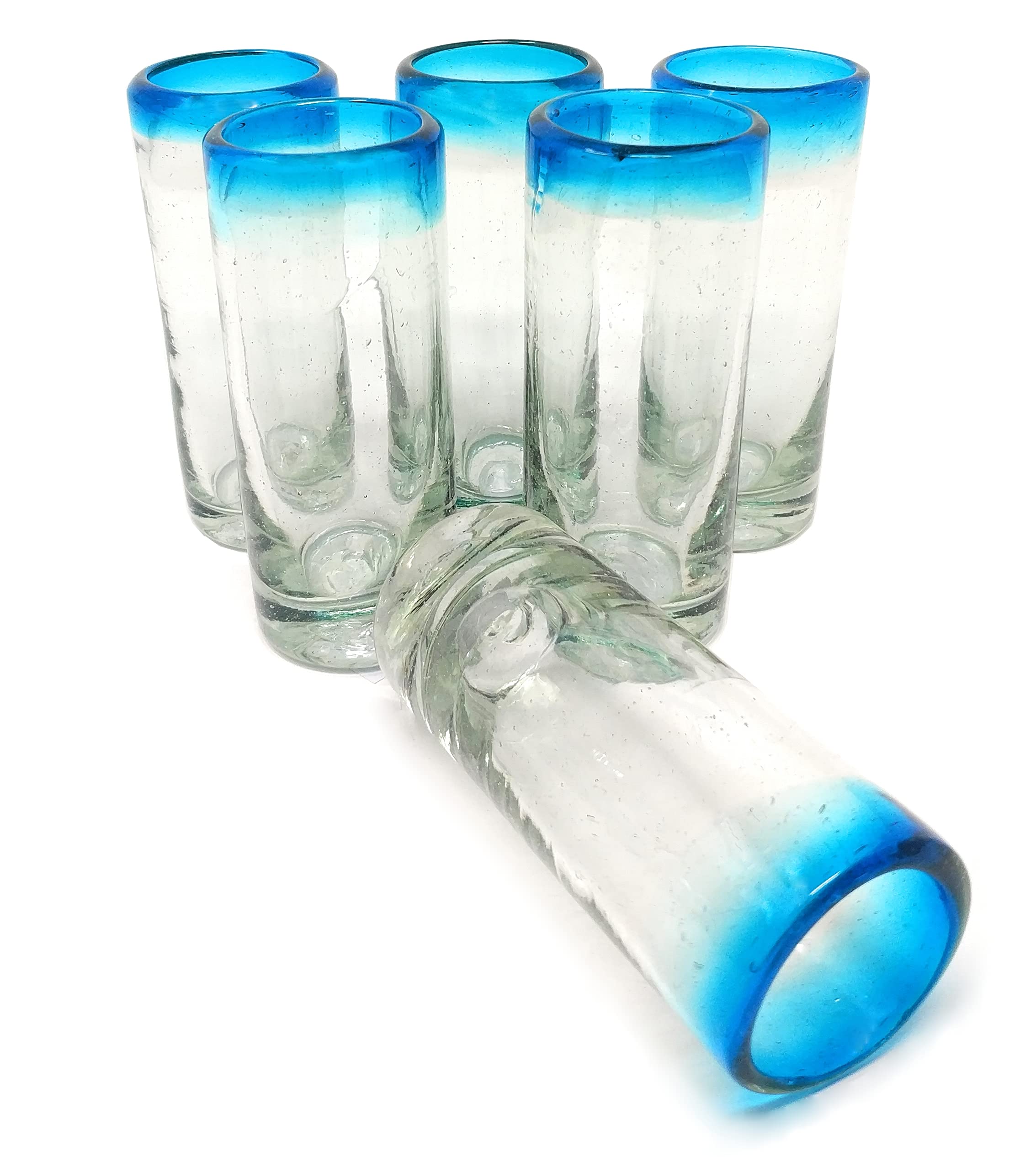 Dos Sueños Hand Blown Mexican Tequila Shot Glasses – Set of 6 Aqua Rim Tequila Shot Glasses (2 oz each) …
