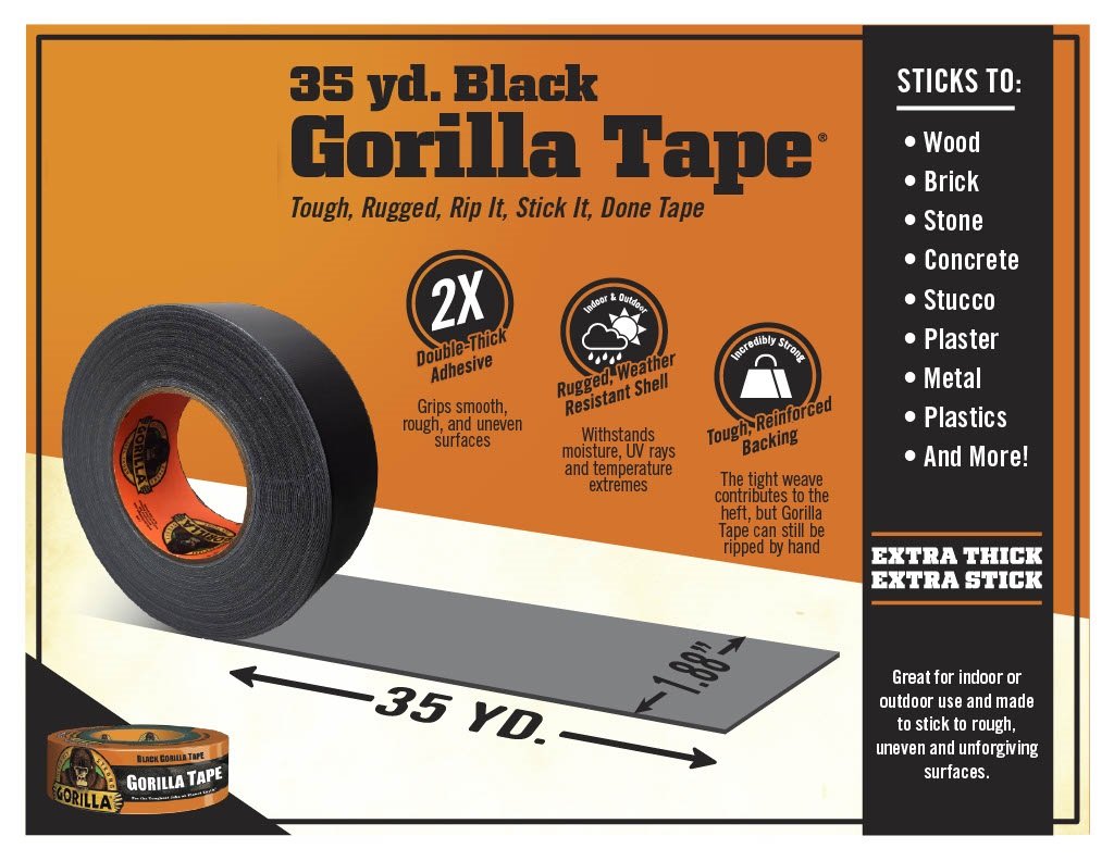 Gorilla Black Duct Tape, 1.88" x 35 yd, Black, (Pack of 3)