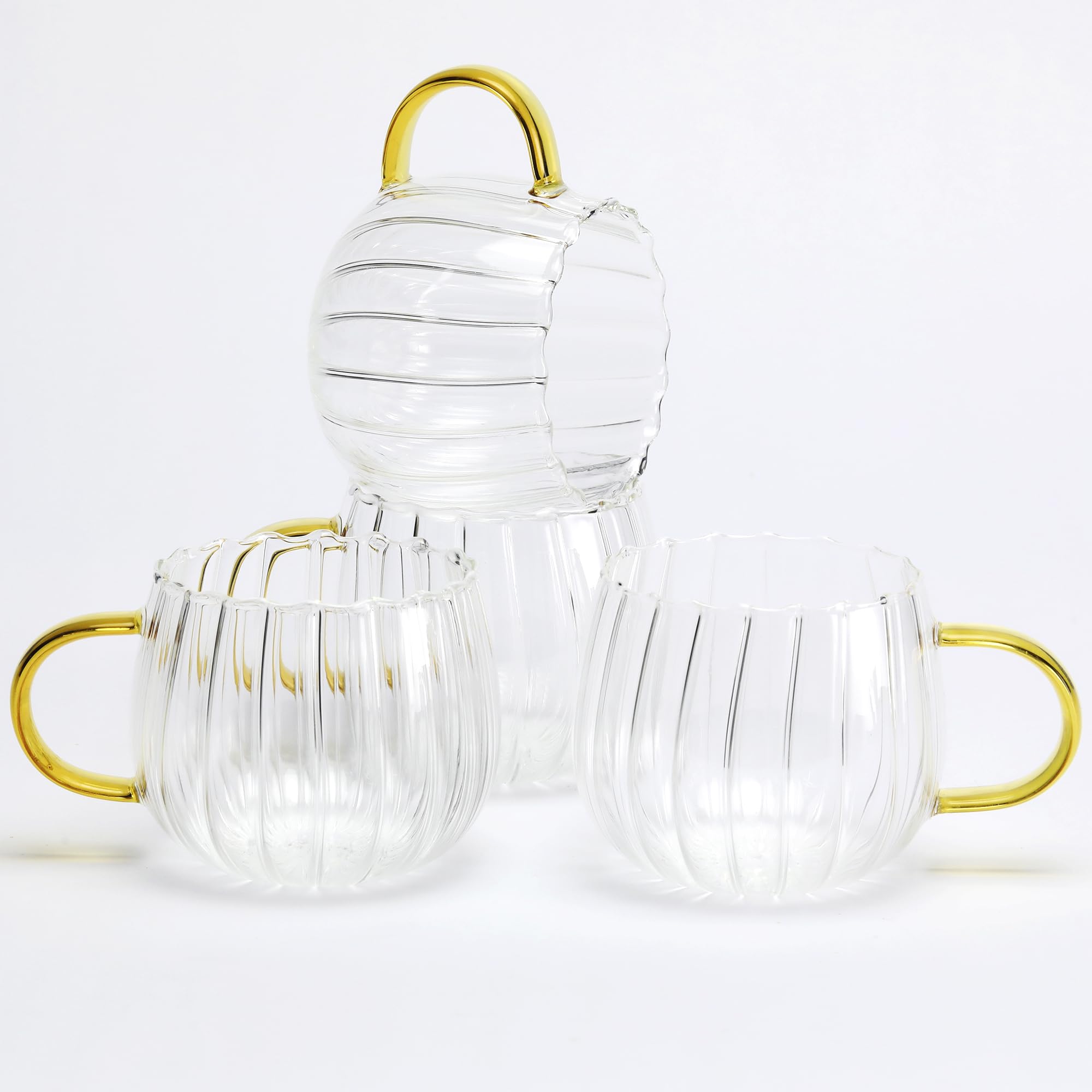 LUATSDAR 14 oz Glass Coffee Mugs Set of 4, Drinking Glasses with Yellow Handle, Clear Glass Cups for Hot or Cold Drinks like Cappuccino, Latte, Cocoa, Milk, Tea