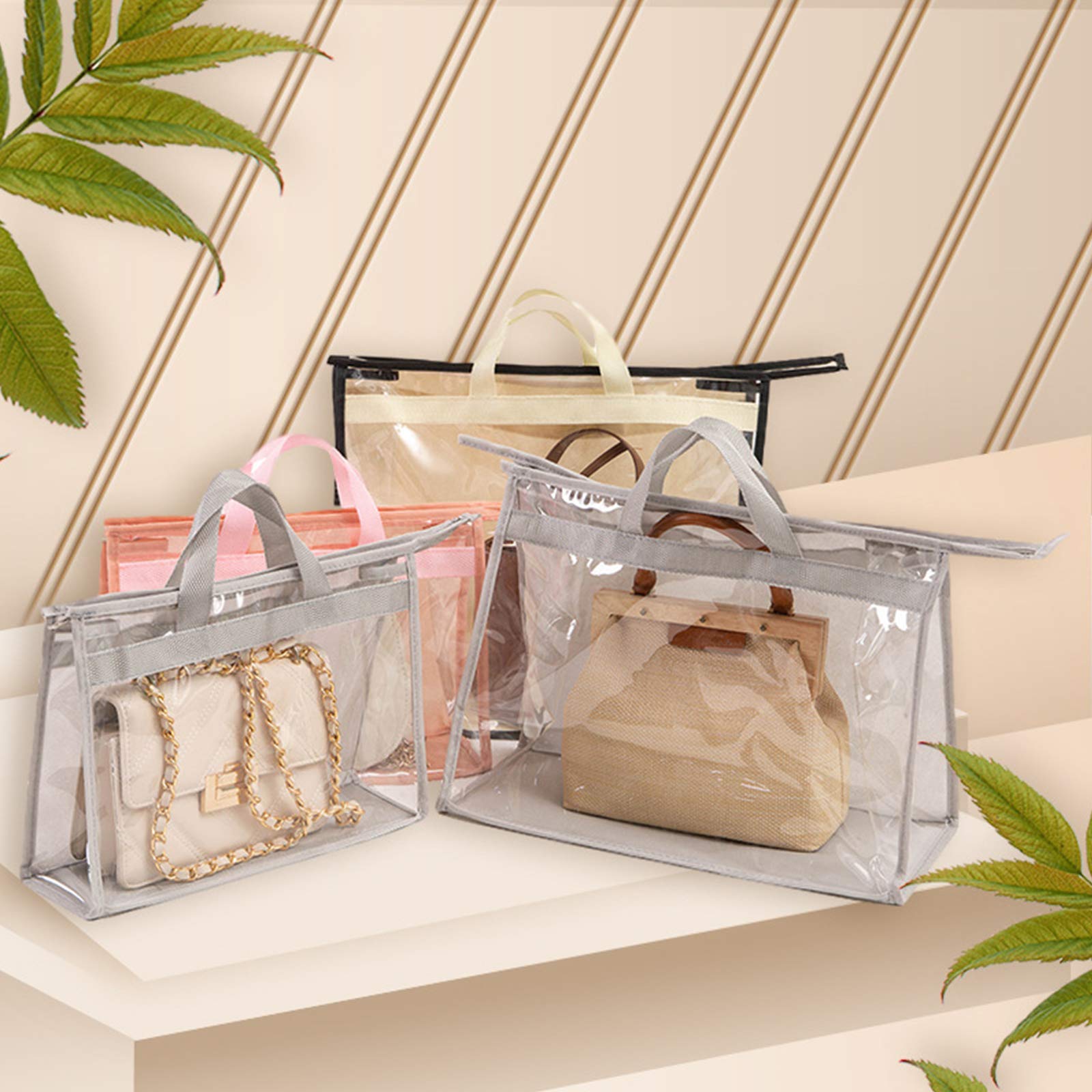 Regilt 3 PCS Transparent Handbag Storage Organizer Space-Saving Dust Cover Bag Dust-Proof Purse Storage Bag with Zipper and Handle (Grey, 3)