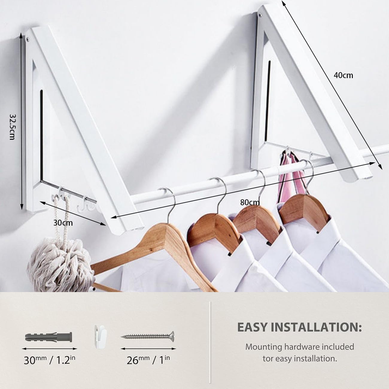 Foldable Wall Mounted Drying Rack with 80CM Extension Rod,Heavy Duty Aluminum Telescopic Clothes Hanger for Laundry Room Organisation Storage Drying Hanging Clothes with Drying Rod (2-Pack, White)
