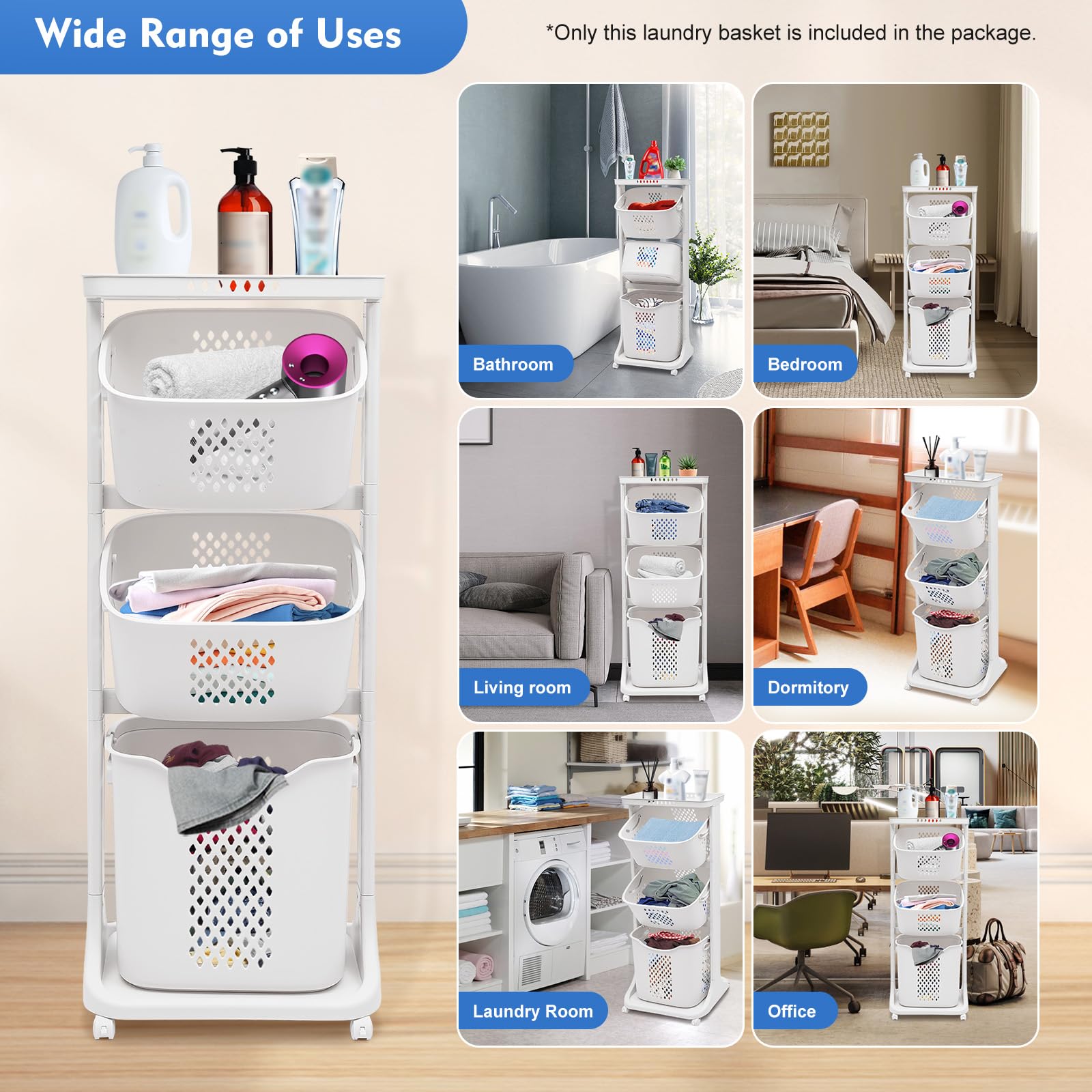 KONKENIE 3 Layers Laundry Hamper Basket Sorter Washing Hamper with 4 Wheels Rolling Clothes Bin Trolley Basket Clothes Storage Organizer 3 Tier Shelf Rolling Cart for Bathrooms Bedrooms White