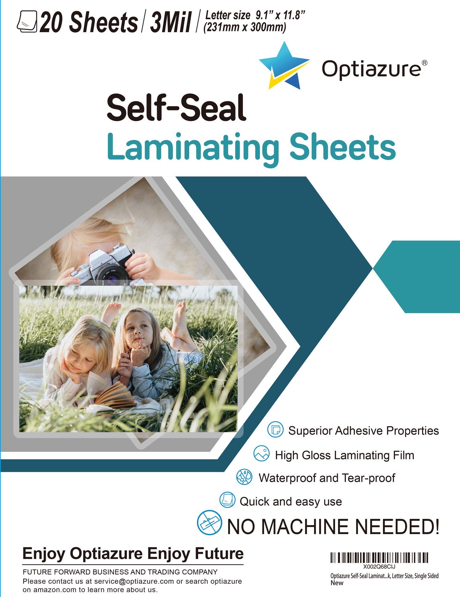 Optiazure Self-Seal Laminating Sheets 9.1"x11.8" Inches, 3mil 20Pack, Letter Size, Single Sided