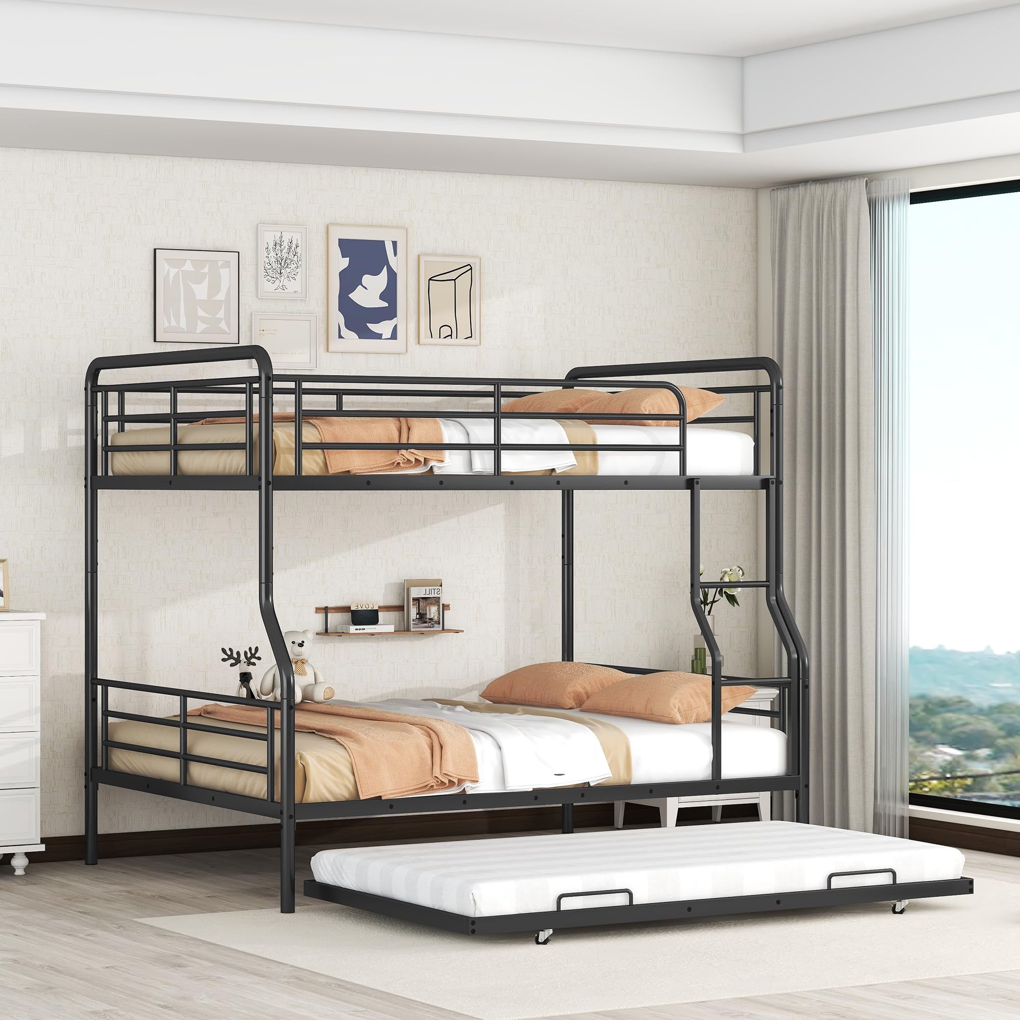 Full XL Over Queen Bunk Bed for Kids, Heavy Duty Bunk Bed Full Over Queen with Twin Size Trundle, Ladder and Safety Guardrail for Boys Girls, Easy Assemble (Black)