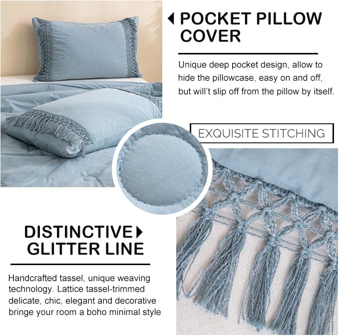 Boho Queen Comforter Farmhouse Comforter Set Shabby Chic Fringe Tufted Tassel Design Linen Like Textured Beding Comforter 1 Bohemian Comforter 2 Pillowcases (Blue, Queen)