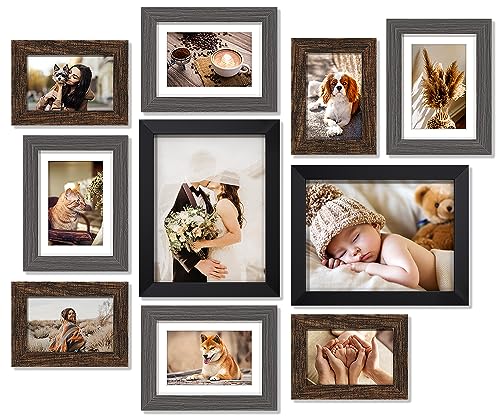 Picture Frames Set for Wall Gallery - 10 Pack Assorted Color Rustic Wooden Collage Photo Frame with Mat for Wall Decor or Tabletop Display Including Two 8x10 / Four 5x7 / Four 4x6 - Black Gray Brown