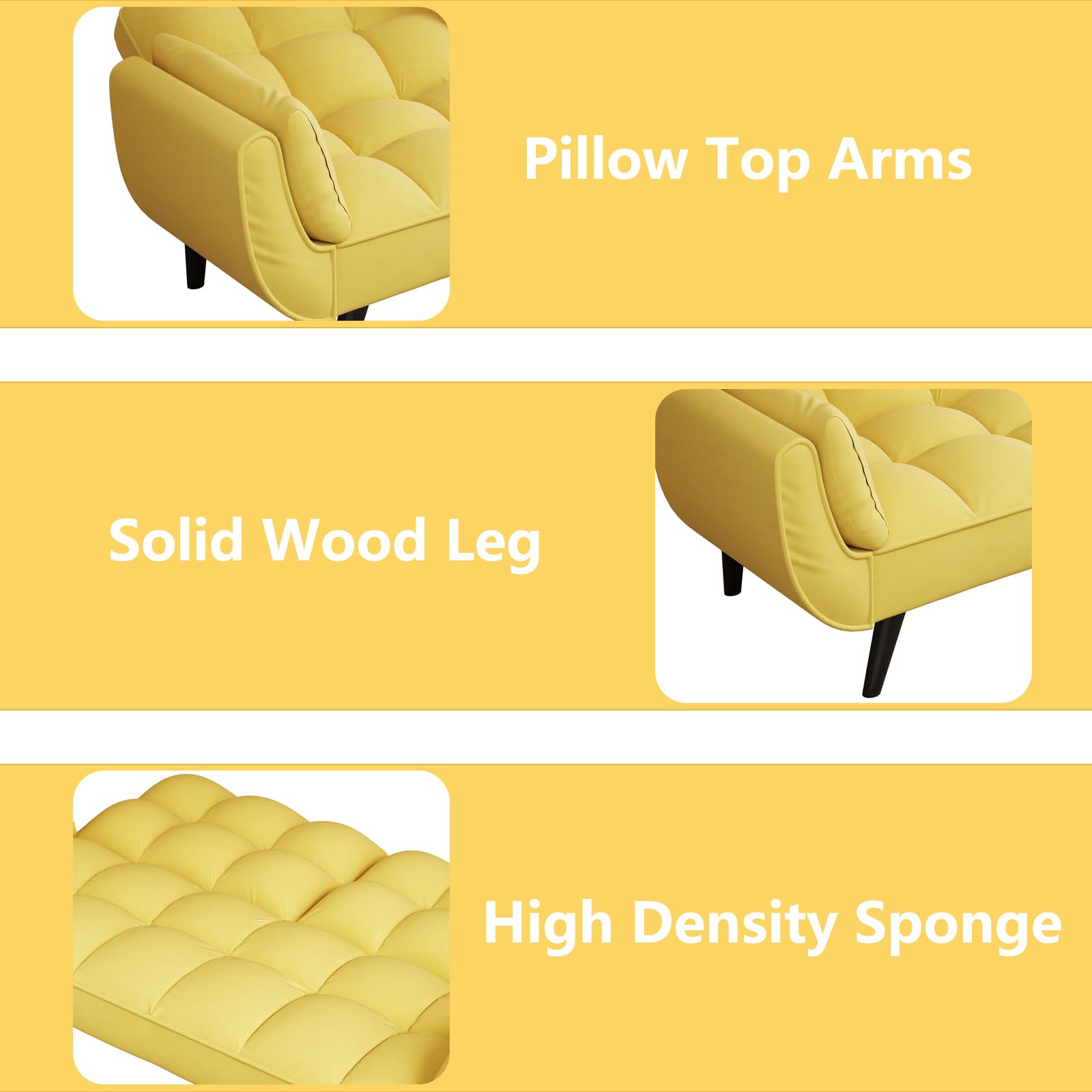 Majnesvon Velvet Futon Sofa Couch Bed with 2 Pillows, Convertible Folding Futon Couch with Adjustable Backrest, Love Seat Sleeper Sofa Bed for Small Spaces, Living Room, Office, Apartment (Yellow)