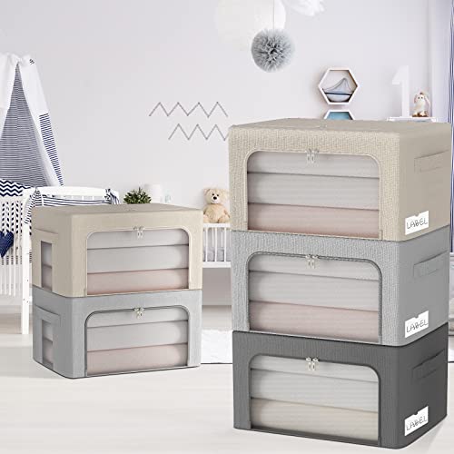 FAikhom 3 Pack Clothes Storage Bins Stackable Storage Box Large Capacity Foldable Metal Frame Storage Container Organizer with Mesh Window and Carrying Handles (Small-22L, Light Gray)