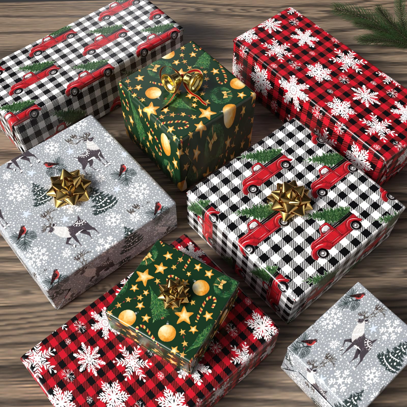 Christmas Wrapping Paper - GIOLNIAY Holiday Gift Wrap with Trucks, Snowflakes, Trees - 4 Jumbo, 4 Medium Sheets