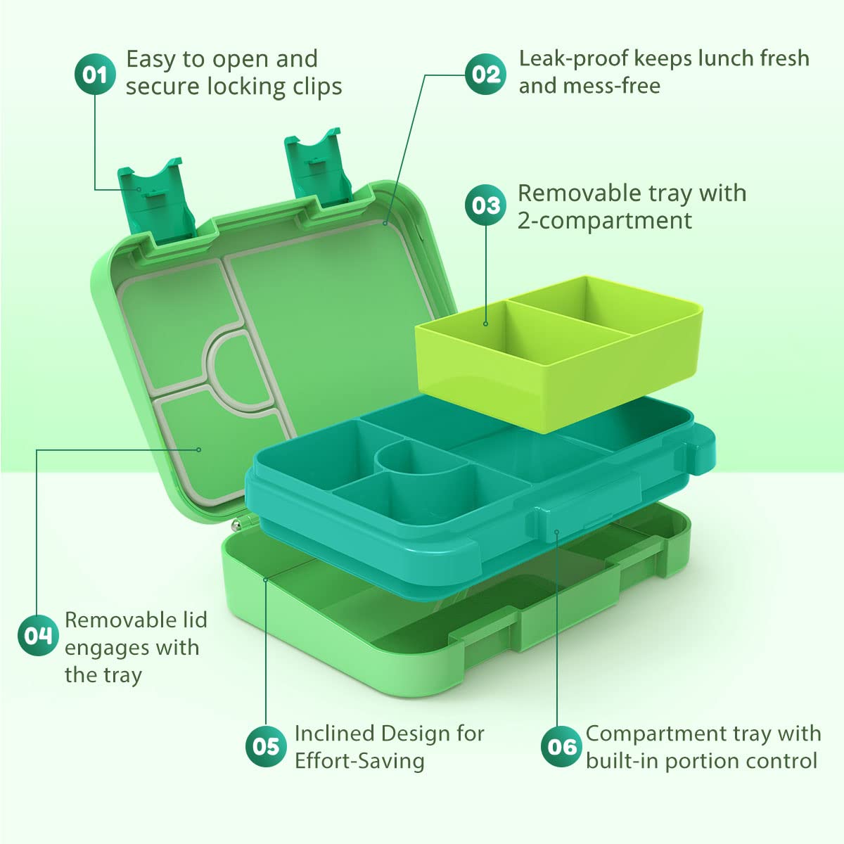 Caperci Versatile Kids Bento Lunch Box - Leakproof 6-Compartment Childrenās Lunch Container with Removable Compartment - Ideal Portions for Ages 3 to 7, BPA-Free Materials (Green)