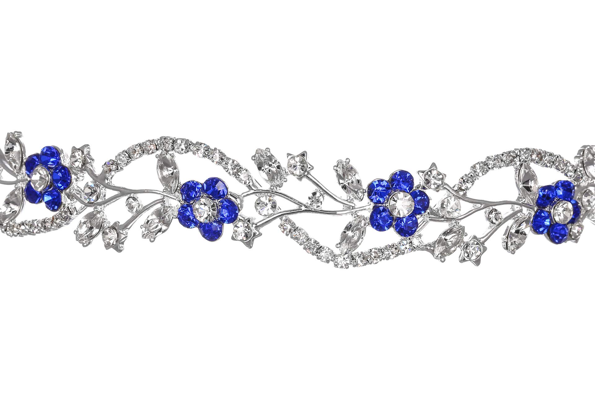Bridal Flower Rhinestones Crystal Wedding Headband Tiara - Blue Crystal Silver Plated T1164