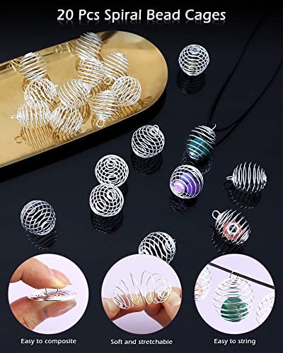 JIALEEY Spiral Bead Cages Pendants, 20 PCs 25x30mm Silver Plated Stone Holder Necklace Cage Pendants Findings for Jewelry Making and Crafting
