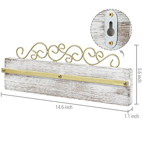 MyGift Vintage Whitewashed Wood Wall Mounted Sunglasses Rack, Entryway Glasses Holder Eyewear Display with Rail Hanger and Scrollwork Brass Tone Metal Design