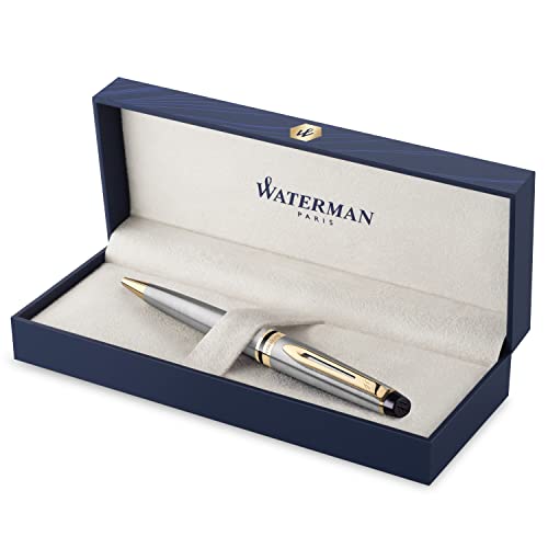 Waterman Expert Ballpoint Pen, Stainless Steel with 23k Gold Trim, Medium Point with Blue Ink Cartridge, Gift Box
