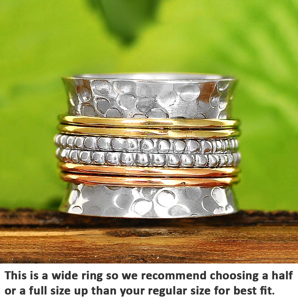 Boho-Magic 925 Sterling Silver Spinner Ring with Brass and Copper Fidget Rings for Women Wide Band (10)