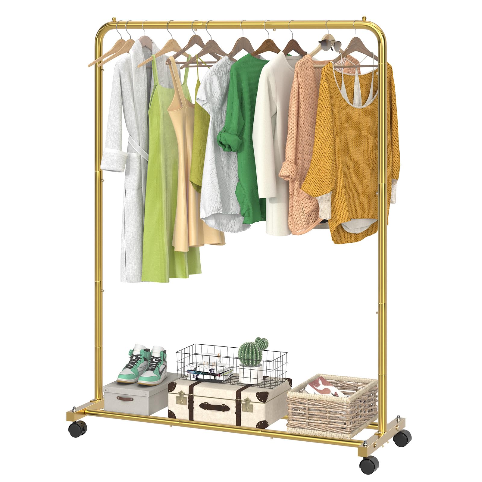 Simple Trending Standard Clothes Clothing Garment Rack with Storage Shelves, Rolling Clothes Organizer on Wheels for Hanging Clothes, Golden Yellow