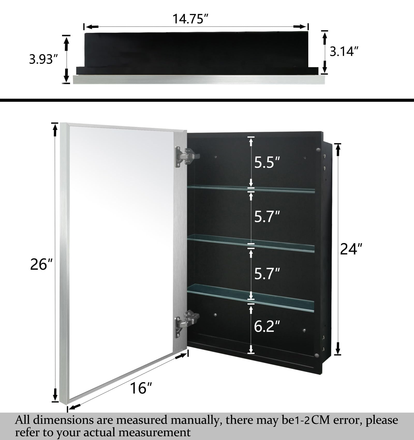FOMAYKO Bathroom Medicine Cabinet with Mirror, Recess or Surface Mount Bathroom Vanity Mirror Cabinet,Single Door Cabinet Famerhouse Bathroom Mirror with Storage Cabinet (Brush Silver, 16"x26")