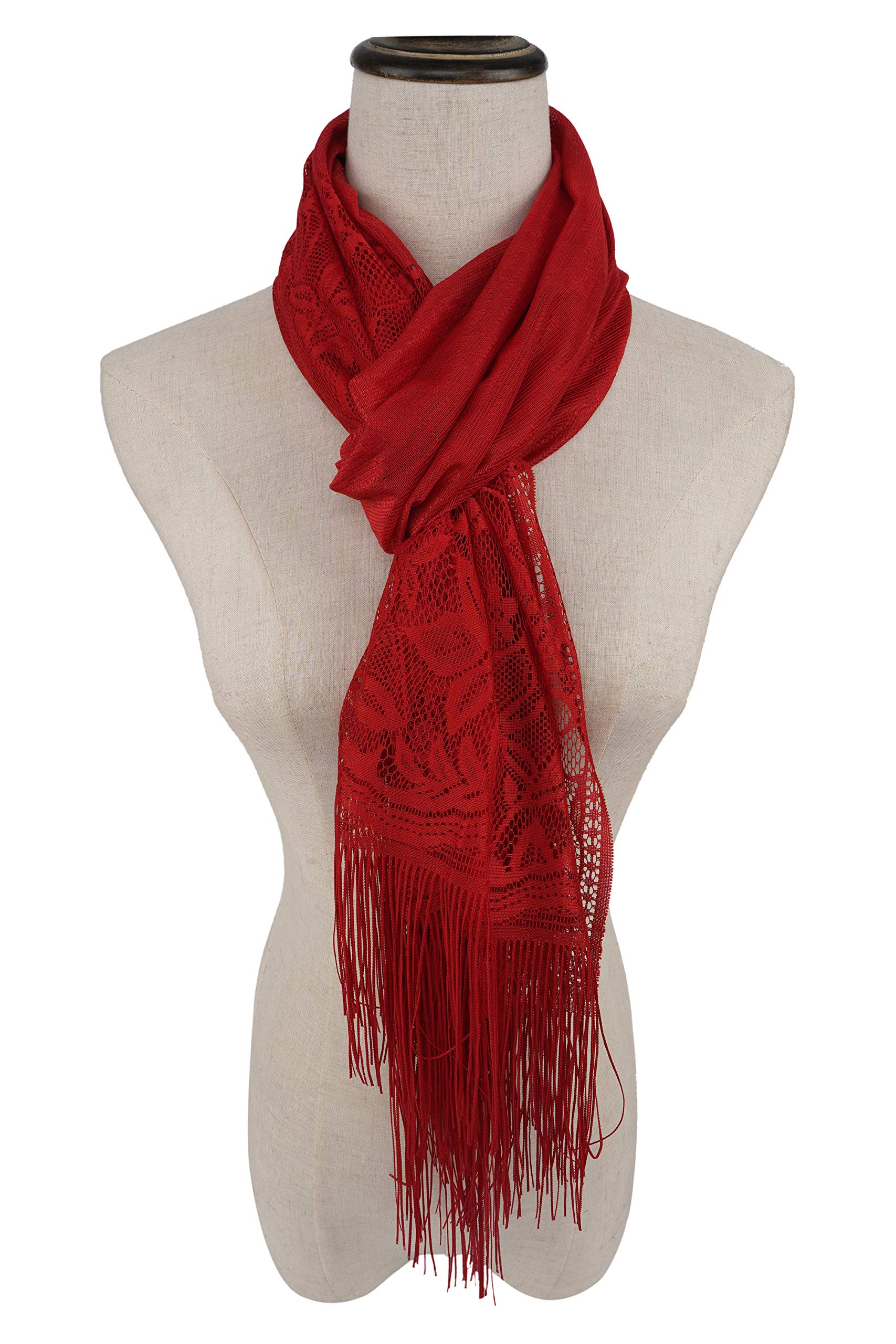 YOUR SMILE Ladies/Women's Lightweight Solid Color Fringe Lace Tassels Long Shawl Scarf For Spring Summer Fall (Red)