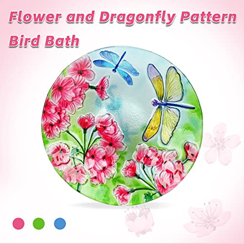 Glass Bird Baths for Outdoors, Outside Birdbaths Garden Bird Feeder with Metal Stand for Garden Patio Lawn Yard Decor 17.7" Dia 20.8β Height Dragonfly