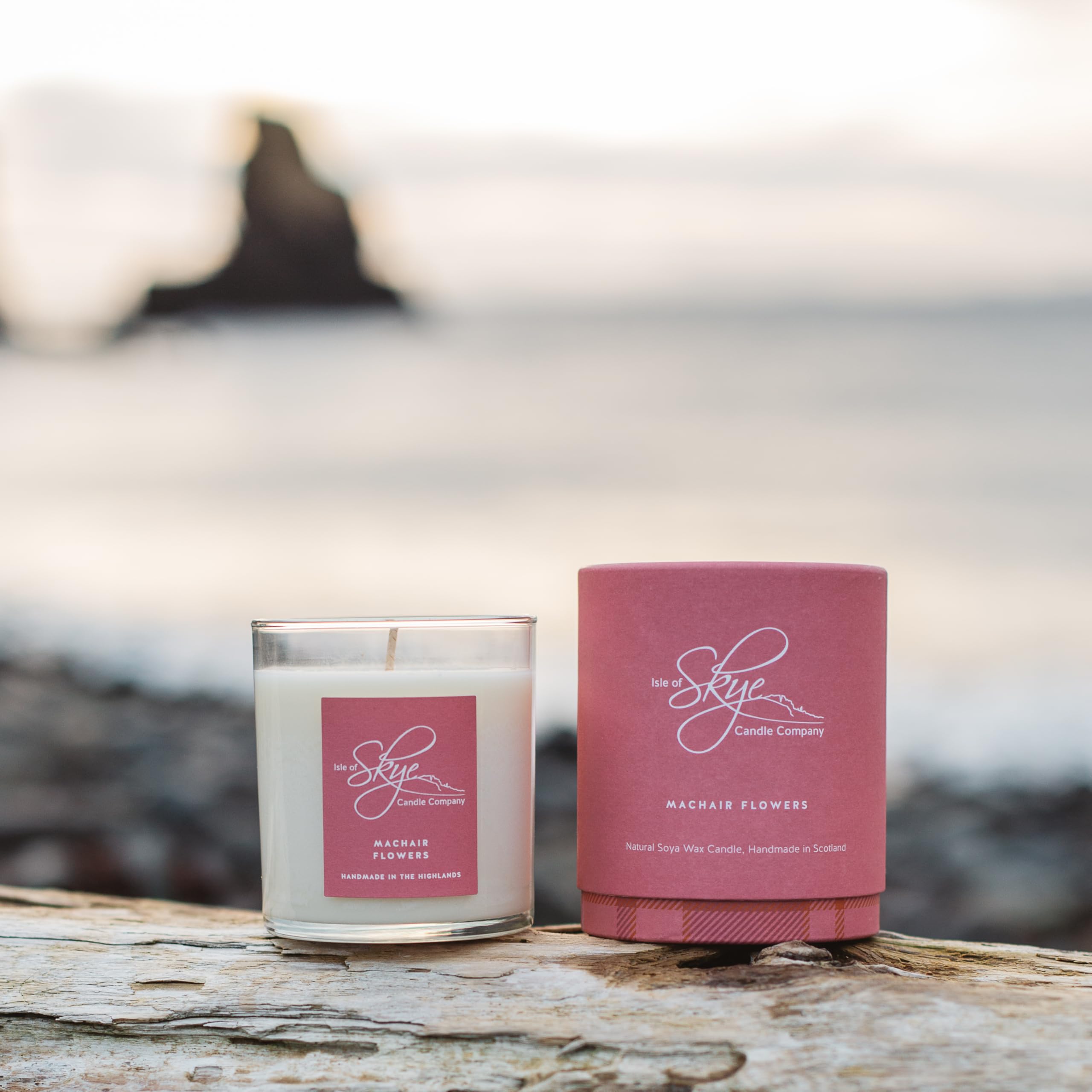 Machair Flowers Candle 100% Natural Soy Wax (Harebell, Gentian, Orchid and Bluebell) Elegant Tartan Packaging. Handmade in Scotland