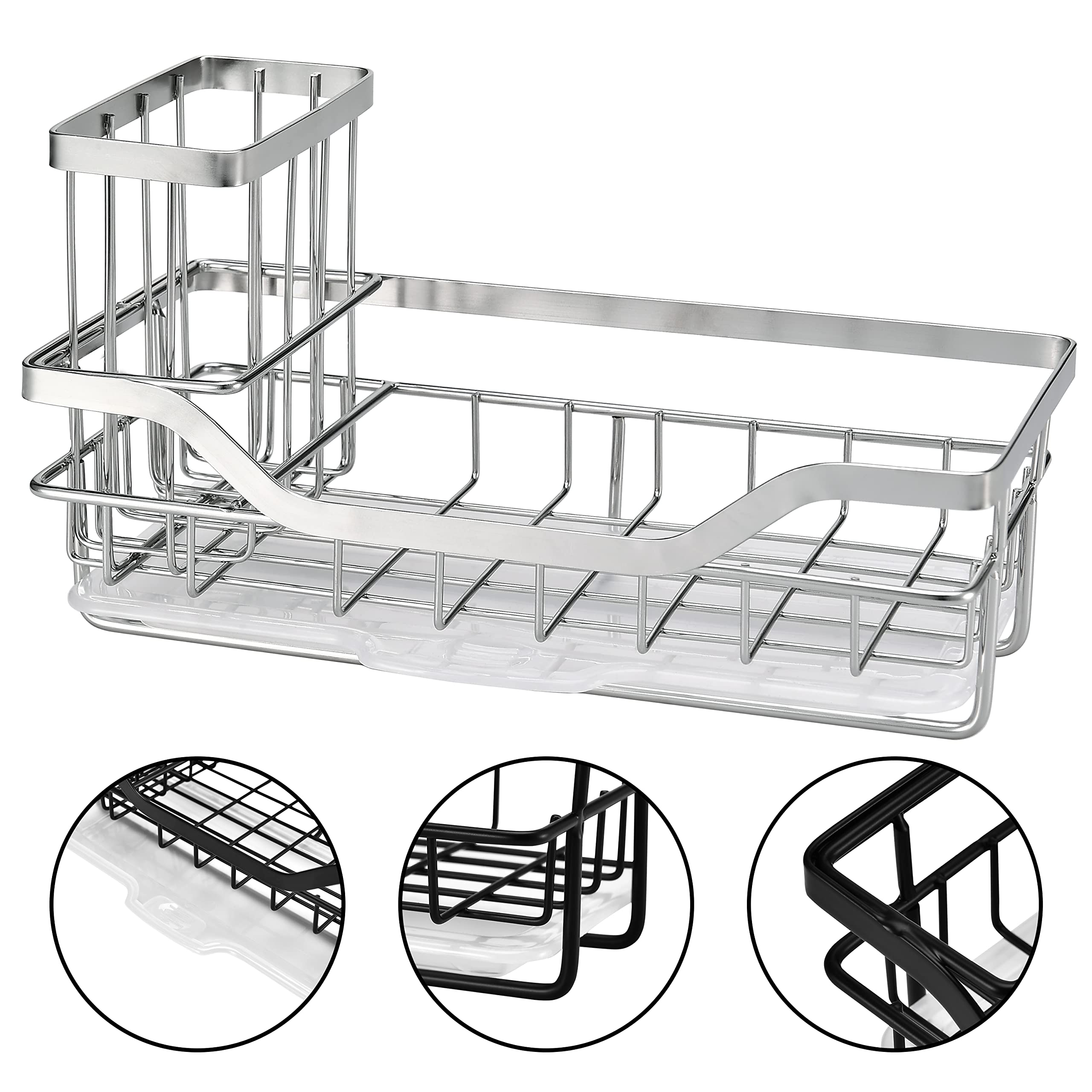 COCOBOSS Sink Caddy Kitchen Sink Organizer, Sponge Holder for Kitchen Sink Premium Stainless Steel Rustproof with Removable Drip Tray and Anti-Slip Bar - Silver(8.5 x 3.6 x 4.9 in)