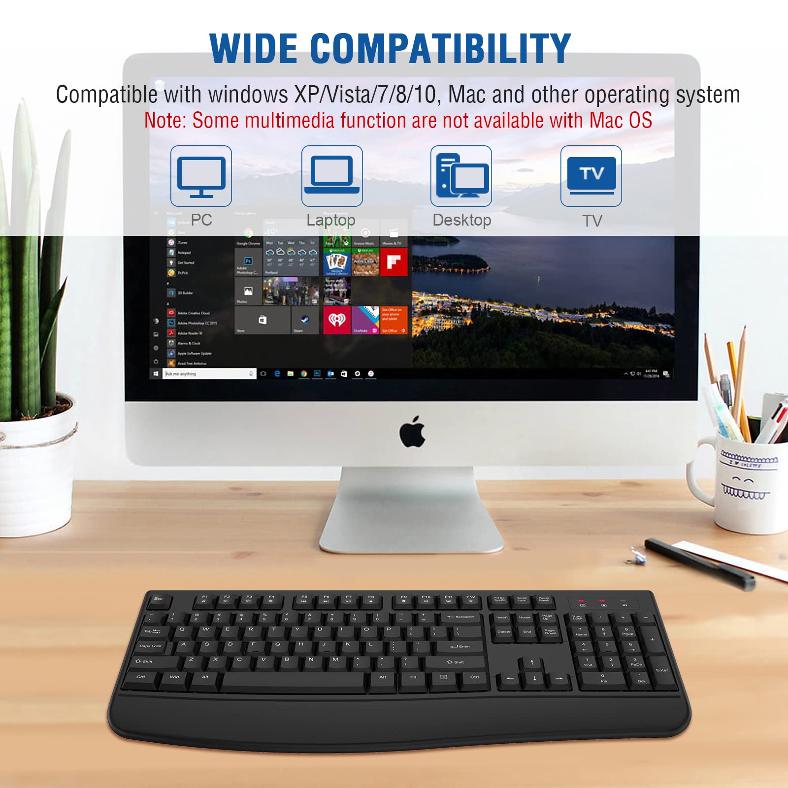 EDJO Wireless Keyboard, 2.4G Ergonomic Full Size Wireless Computer Keyboard with Wrist Rest for Windows, Mac OS Desktop/Laptop/PC(Black)