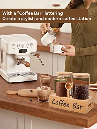 Glass Coffee Containers with Shelf Printed Coffee Bar- 2 Pcs 49oz BPA Free Coffee Storage Jars with Airtight Sealed Bamboo Lids Spoon, Kitchen Food Storage Jars for Coffee Beans & Powder, Sugar, Tea