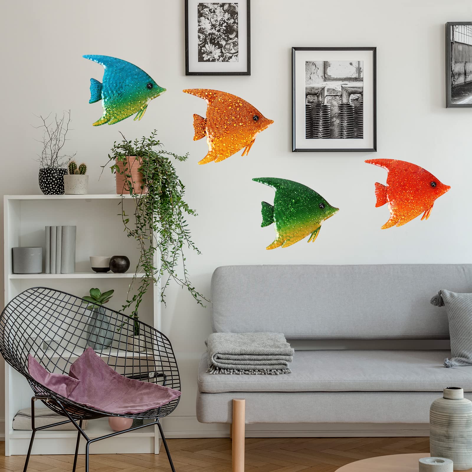 Cruis Cuka Outdoor Metal Wall Art Cute Fish Fence Decorations for Backyard Wall Decor Outside Lawn Ornaments - Set of 4