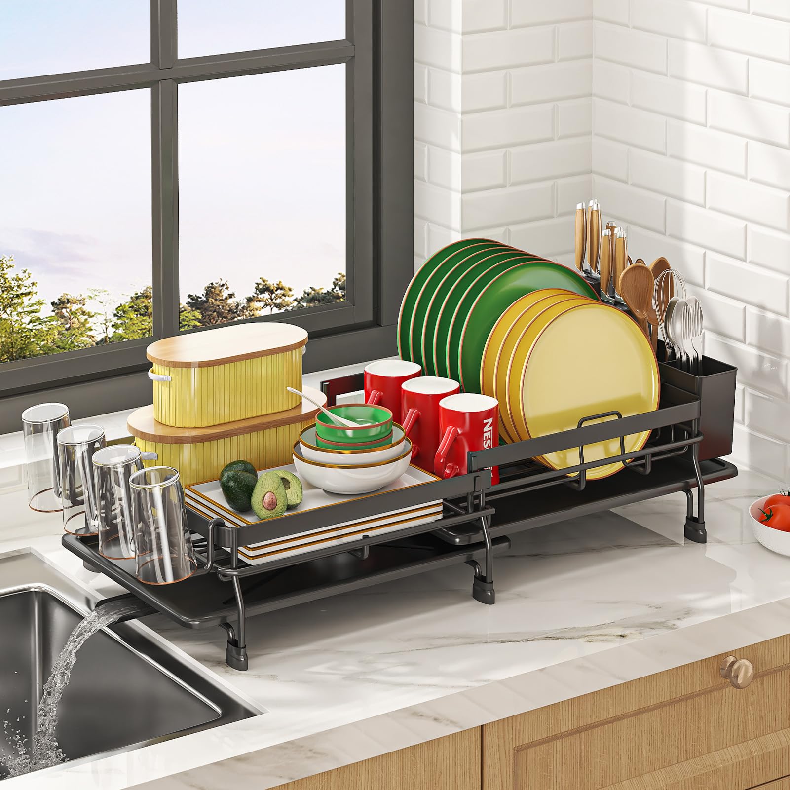 Famhap Large Dish Drying Rack - Extendable (22"-29" L) Dish Rack with Drainboard Set, Multifunctional Dish Rack for Kitchen Counter, Anti-Rust Drying Dish Rack with Cutlery & Cup Holders, Black