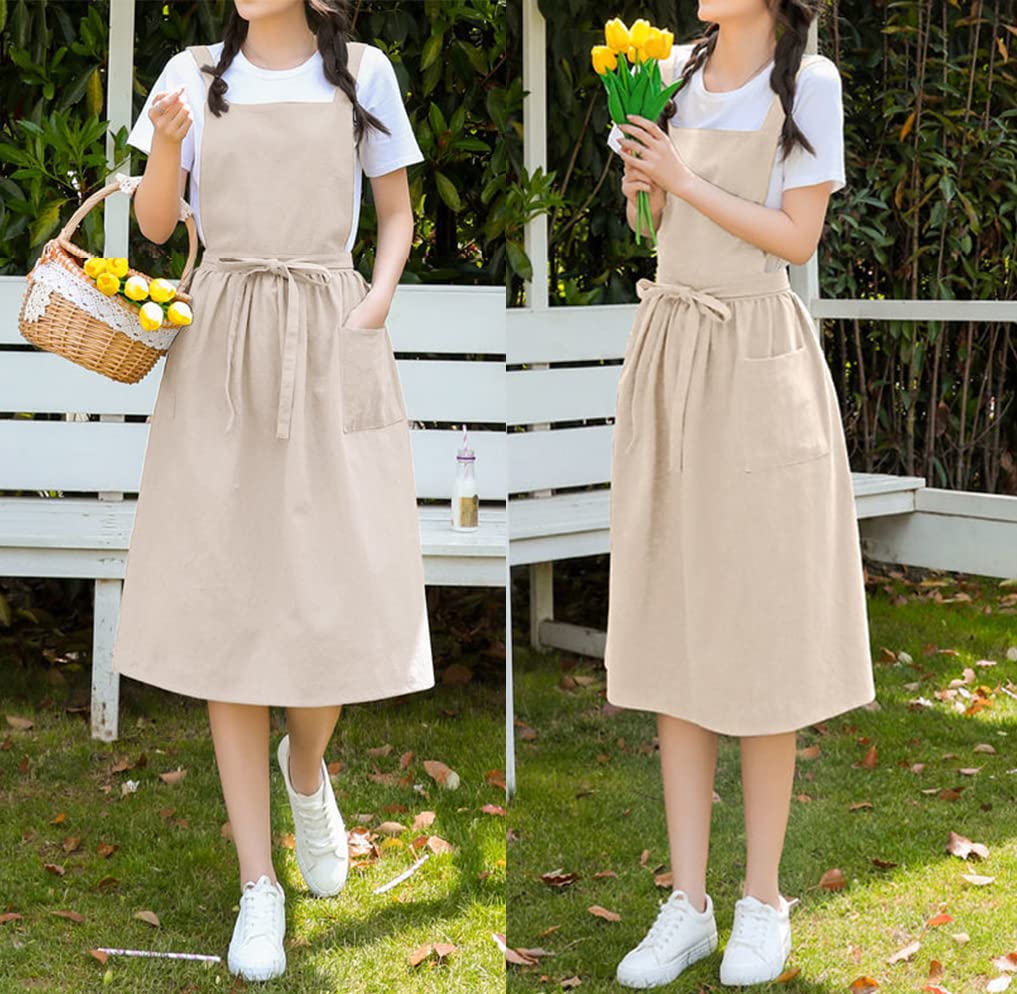 Cute Retro Cotton Linen X-Back Aprons Home Kitchen Garden Art Painting Pinafore Florist Shop Overalls (Beige, 39L)