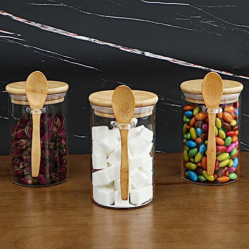 Glass Jars with Bamboo Airtight Lids - 17oz Glass Food Storage Containers, 3Pack Borosilicate Glass Canisters Coffee Jar with Spoon for Tea, Sugar, Spice, Bath Salts, Overnight Oats
