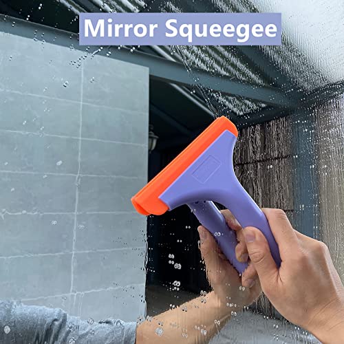 Lunbengo Small Shower Squeegee for Glass Doors, Bathroom Mirror, Tiles, Long Handle Squeegee with Soft Silicone Blade for Windshield, Car Tinting Glass Film Installation, 7.5 x 5.9IN, Purple
