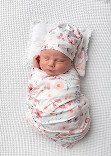Terriboo Newborn Receiving Blanket and Headband Set Flower Print Baby Swaddle Wrap Floral (Pink 2)