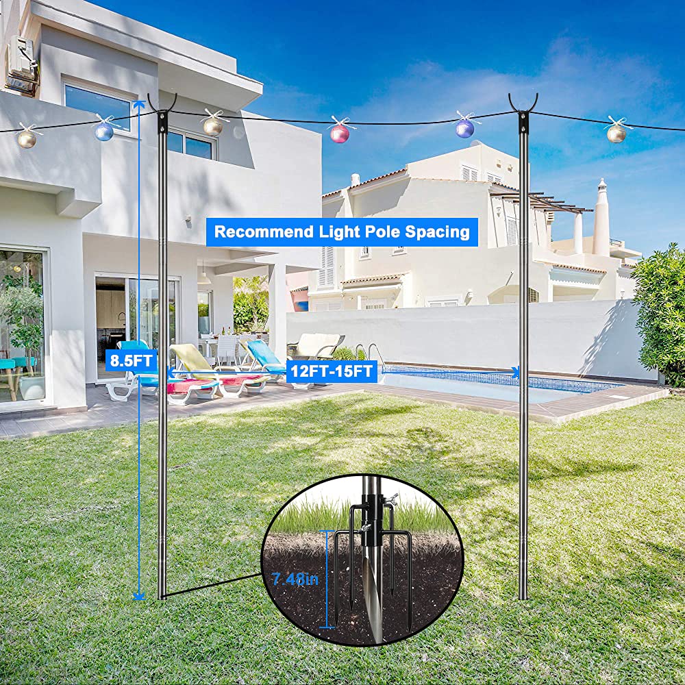 COCONUT Outdoor Light Poles for Lightweight String Lights, 9 FT Stainless Steel Rust-Free Stand Holder LED Solar Hanging Bulbs for Patio, Backyard, Garden (Silver)