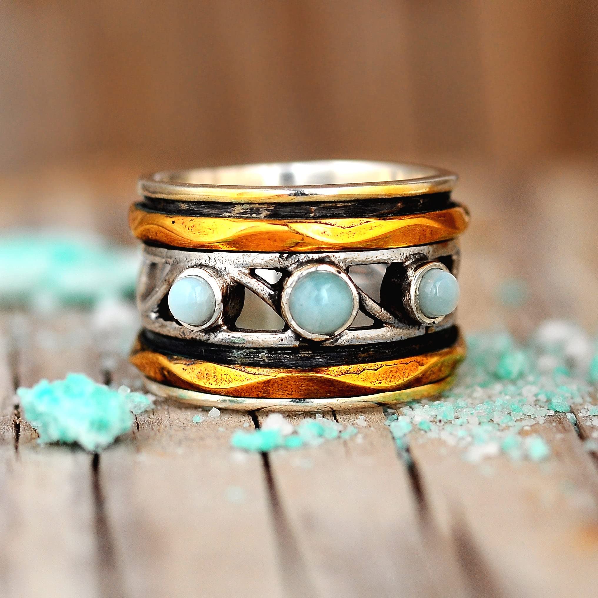 Boho-Magic 925 Sterling Silver Larimar Spinner Fidget Ring for Women with Brass Spinning Bands (11)