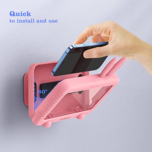 nediea Shower Phone Holder Waterproof, Cute Bunny 360° Rotation Bathroom Phone Case, Strongly 3M Adhesive Wall Mount Phone Holder for Bathroom, Kitchen, Sink, Support up to 6.8" Smartphones (Pink)