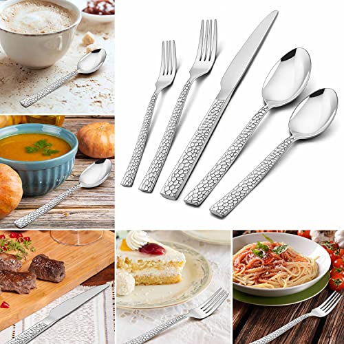 Herogo Stainless Steel Hammered Square Silverware Set for 4, 20-Piece Fancy Flatware Cutlery Set, Metal Tableware Eating Utensils Set for Home Restaurant Wedding, Dishwasher Safe