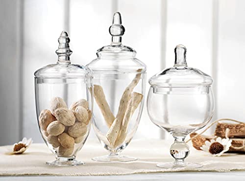 Glaver's Apothecary Jars With Lids, Set Of 3 Candy Jars, Countertop Canister, Glass Décor, Restroom Accessories, Buffet Décor, For all your Vanity Storage and much more