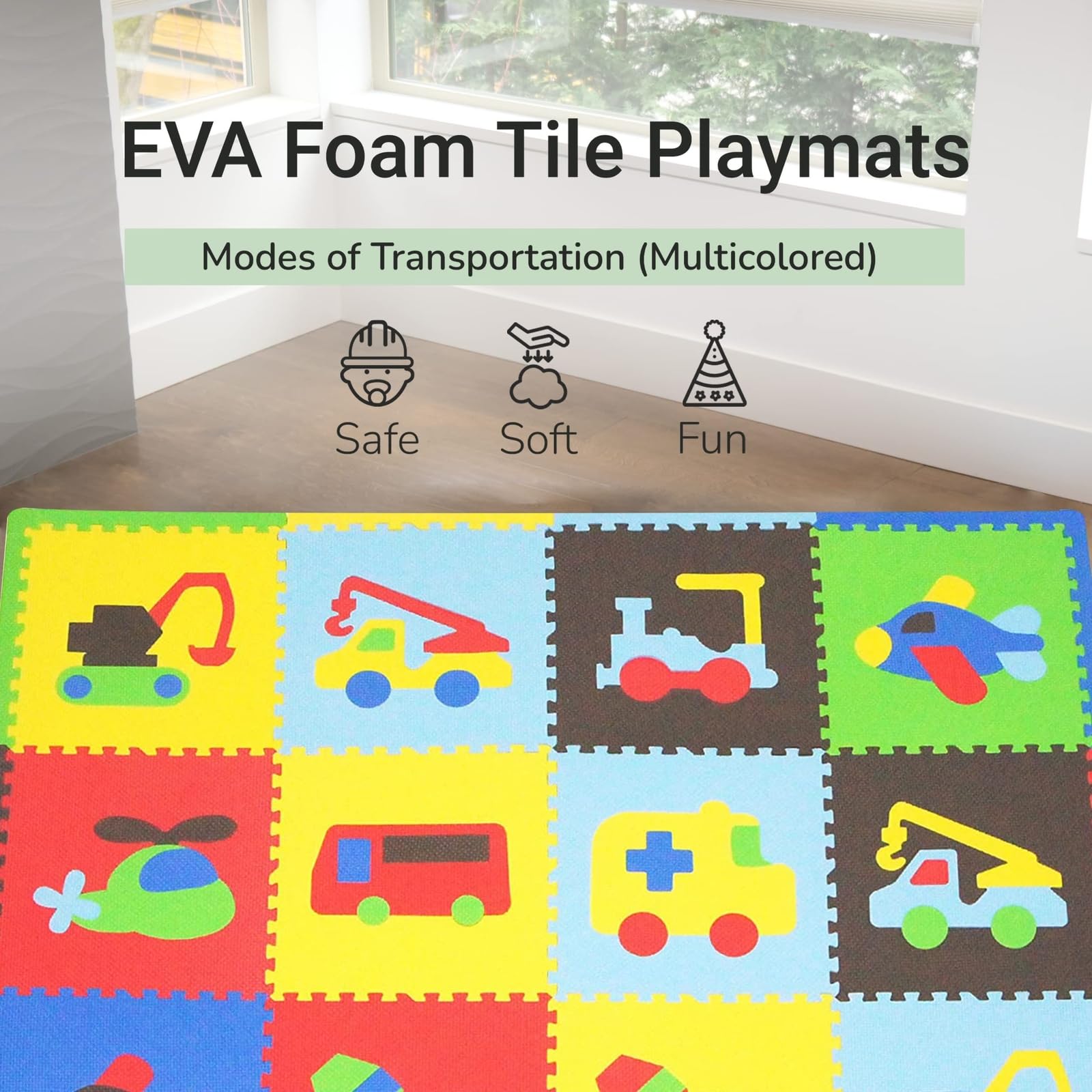 Tadpoles 16 Tiles Transportation Playmat for Kids | Interlocking Tiles with 16 Border Pieces | Soft EVA Foam | Safe & Durable | Total Floor Coverage 50β x 50β | Ages 3 & Up | Multicolor