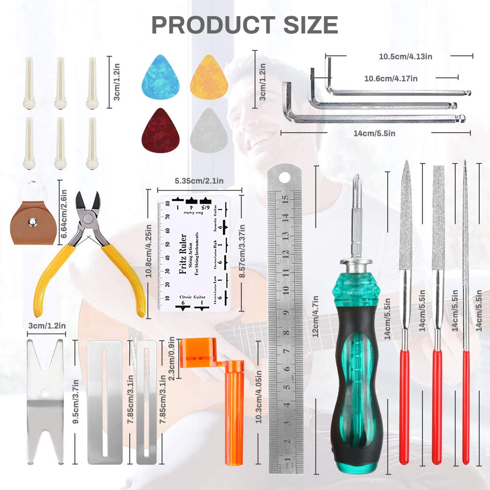 Number-one Guitar Repair Tool Kit 26Pcs Guitar Maintenance Kit with Wire Plier String Organizer Fingerboard Protector Hex Wrenches Files String Action Ruler Spanner Wrench for Guitar Ukulele Banjo