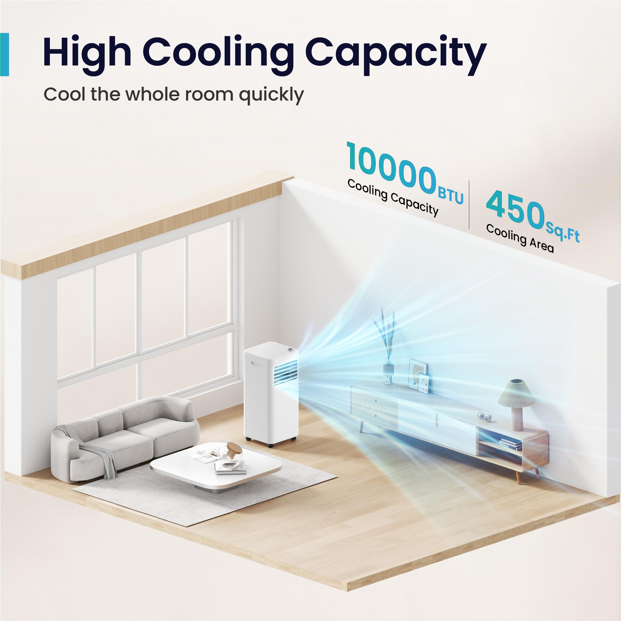 DELLA Smart WiFi Enabled 10000 BTU Portable Air Conditioner Cools Up To 450 Sq. Ft. Work with Alexa,Geo Fencing Cooling, Dehumidifier & Fan Portable AC Unit w/Remote Control & Window Kit,