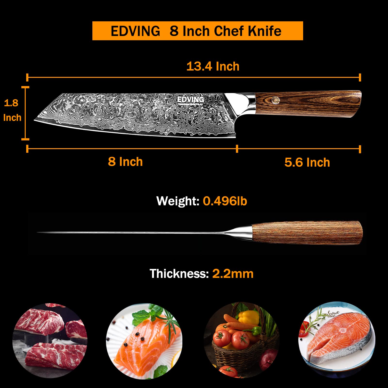 EDVING Chef Knife 8 Inch Damascus Japan VG-10 Super Stainless Steel Professional High Carbon Super Sharp Kitchen Cooking Knife, Ergonomic Color Wooden Handle Luxury Gift Box (8" Chef's Knife, Wood)