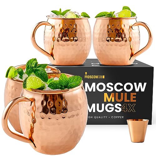 Moscow-Mix Moscow Mule Mugs Large 16 oz - 100% Pure Copper Cups Authentic Hammered Style with Classic Handle - Moscow Mule Cups Set of 4 - Mule Mugs Perfect for Party Drinking and Gift