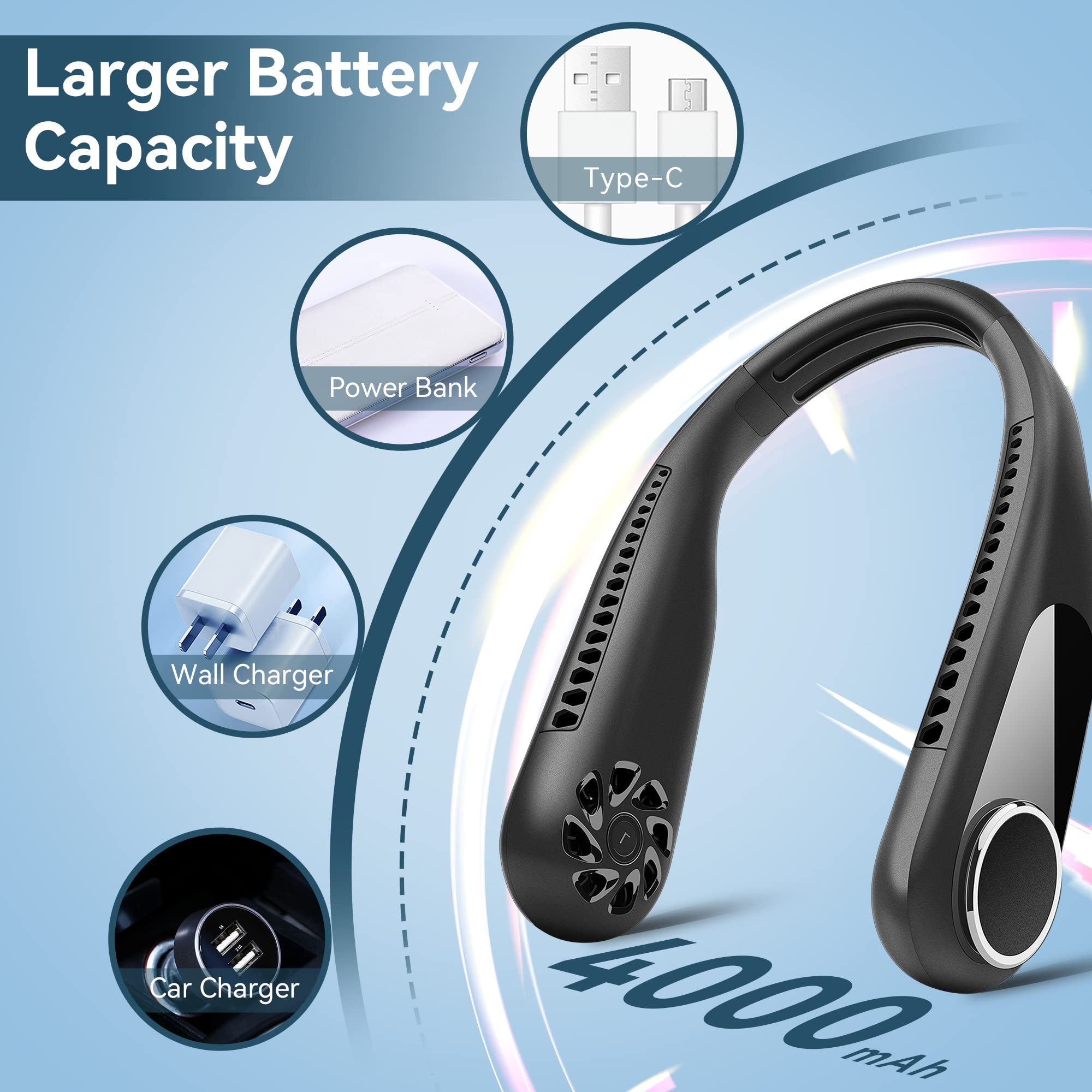 DYGSWIN Portable Bladeless Neck Fan,4000mAh battery Rechargeble USB personal fan,hands free cooling wireless leafless Fan,faster cooling,Super Quiet,No Blade Earphone Design,3 Speeds Long Use Time