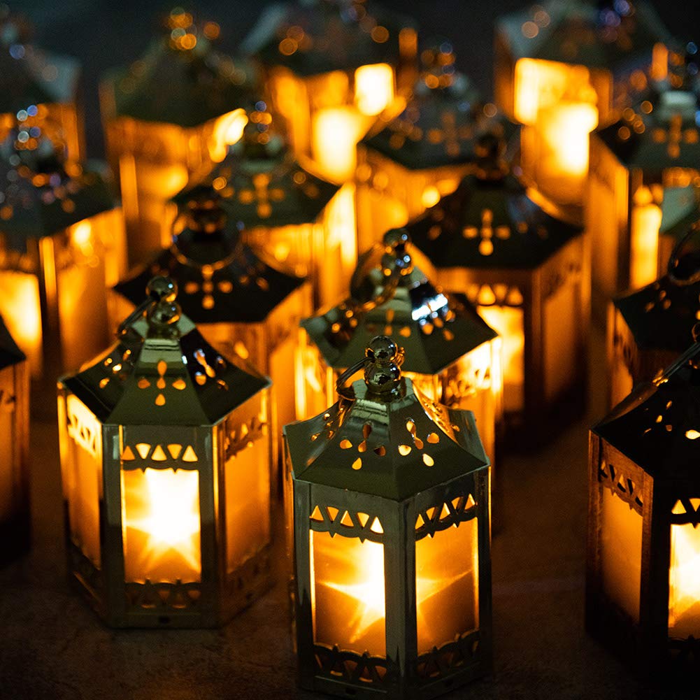 Mini Star Lantern with Flickering LED,Battery Included,Decorative Hanging Lantern,Christmas Decorative Lantern,Indoor Candle Lantern,Battery Lantern Indoor Use,Zkee(Set of 6 Copper Brushed)
