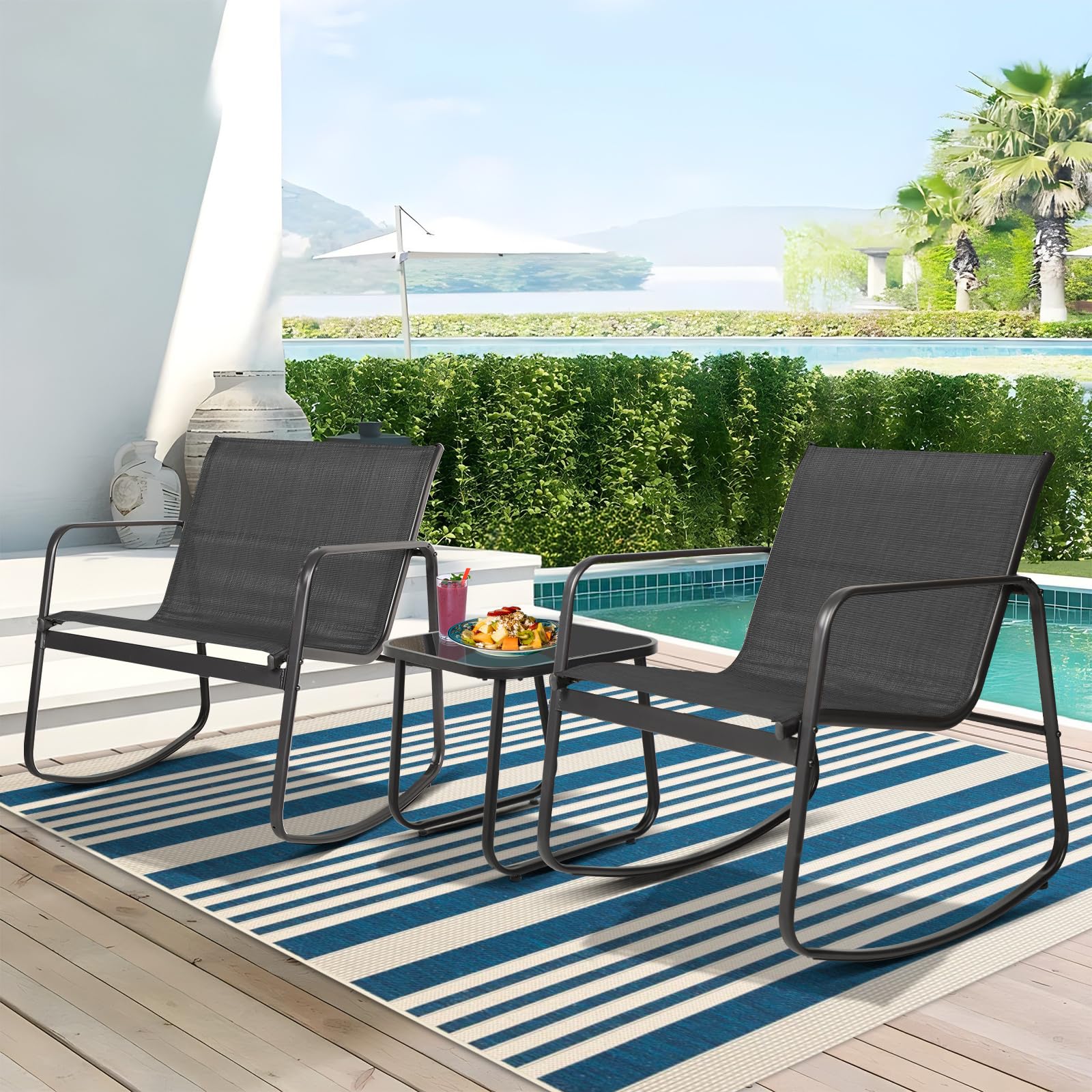 Incbruce Patio 3 Pieces Rocking Bistro Set, Textilene Outdoor Furniture Set with 2PCS Rocking Chair & Glass Coffee Table, Classic Black