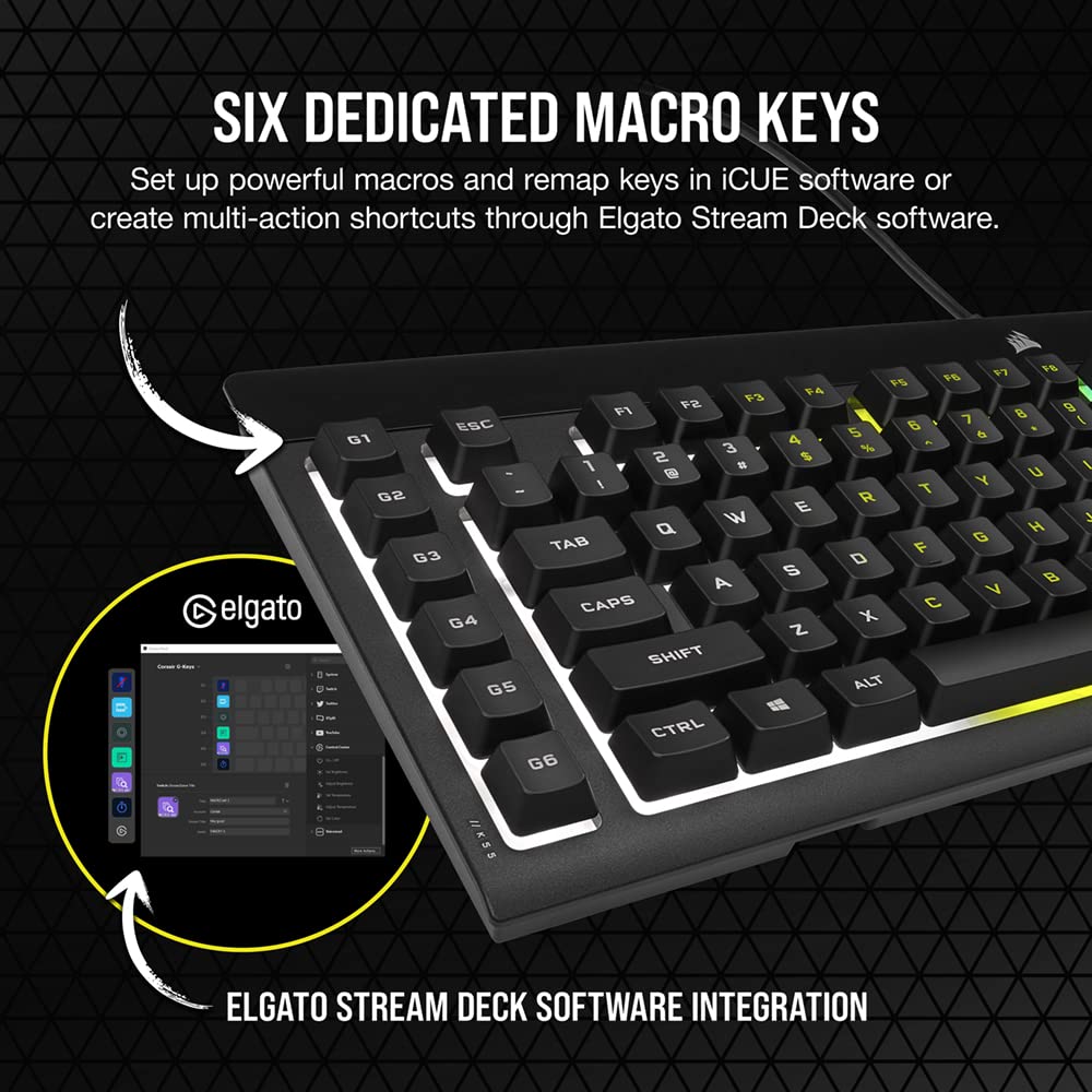Corsair K55 PRO LITE RGB Wired Membrane Gaming Keyboard (5-Zone Dynamic RGB Backlighting, Six Macro Keys with Stream Deck Integration, IP42 Dust and Spill Resistant, Dedicated Media Keys) Black