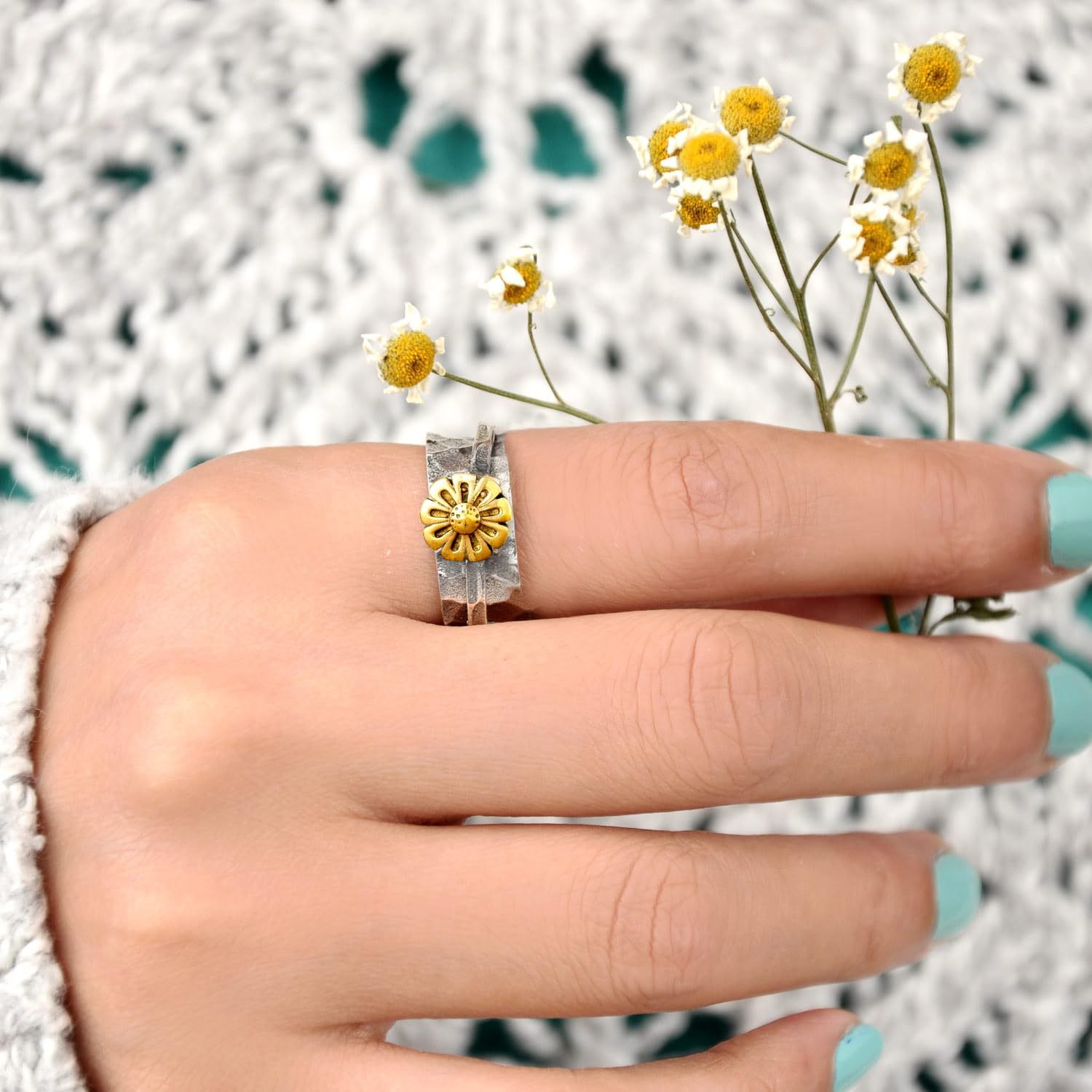Boho-Magic Sunflower Ring, Spinner Rings for Women 925 Sterling Silver and Brass Sunflower | Nature Wide Band Fidget Meditation Anxiety jewelry