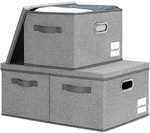 LHZK Large Storage Bins with Lids 6 Pack, Linen Fabric Storage Boxes with Lids, Foldable Storage Baskets with 3 Handles and Label Window for Shelves Bedroom Closet Office (15.75x11.8x10.2,Grey,Black)